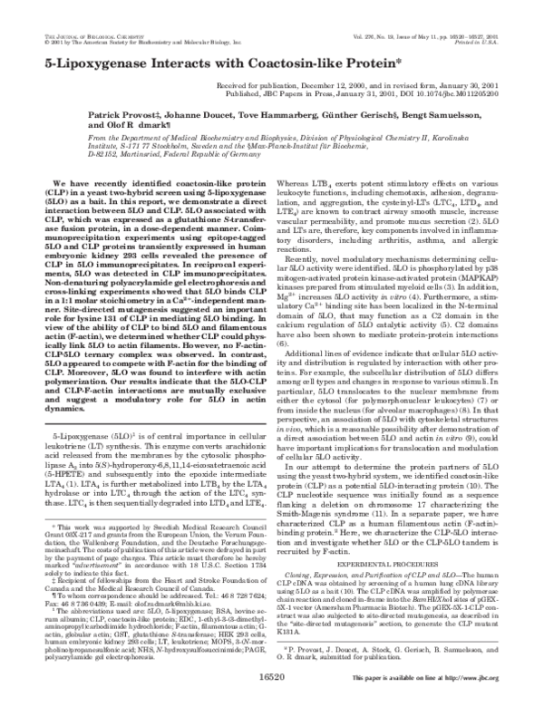 (PDF) 5-Lipoxygenase Interacts with Coactosin-like Protein | Patrick ...
