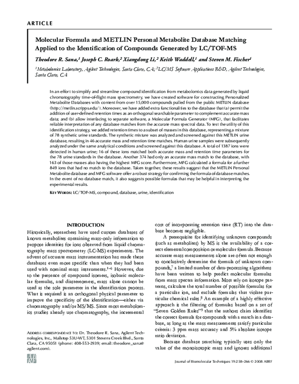 (PDF) Molecular formula and METLIN Personal Metabolite Database ...