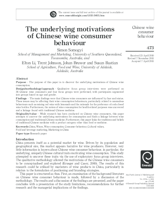 (PDF) The underlying motivations of Chinese wine consumer behaviour