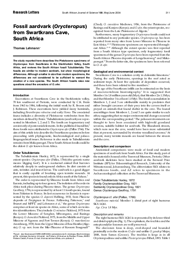 (PDF) Fossil aardvark (orycteropus) from Swartkrans Cave, South Africa