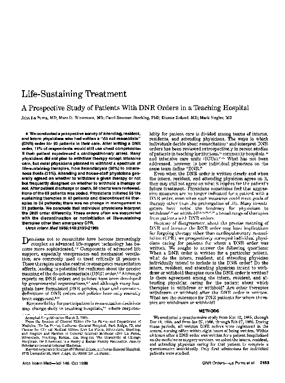 Life-sustaining treatment. A prospective study of patients with DNR ...