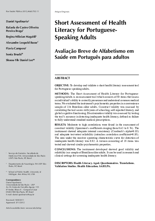 (PDF) Short Assessment of Health Literacy for Portuguese-speaking Adults