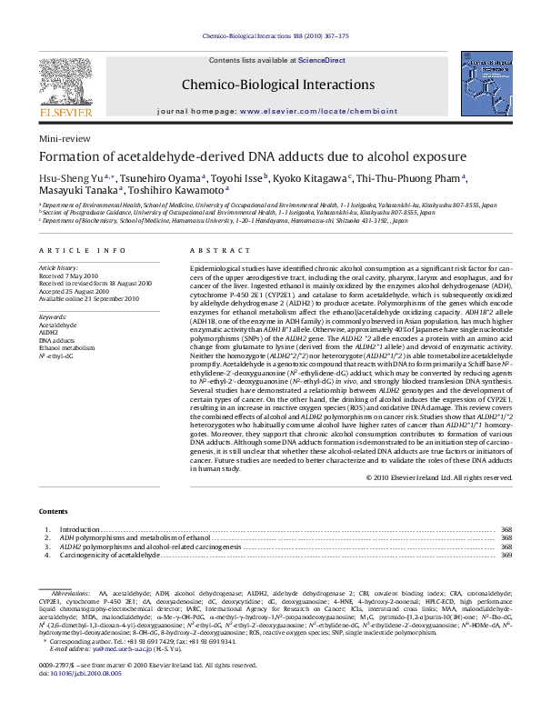 (PDF) Formation of acetaldehyde-derived DNA adducts due to alcohol exposure