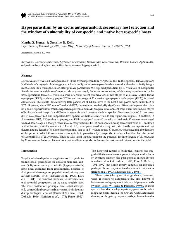 (PDF) Hyperparasitism by an exotic autoparasitoid: secondary host ...