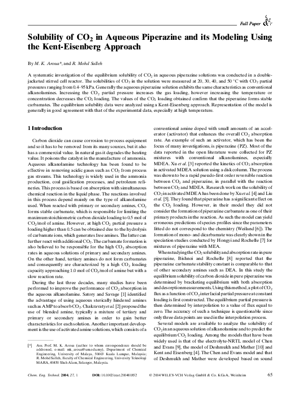 (PDF) Solubility of CO2 in Aqueous Piperazine and its Modeling using the Kent-Eisenberg Approach