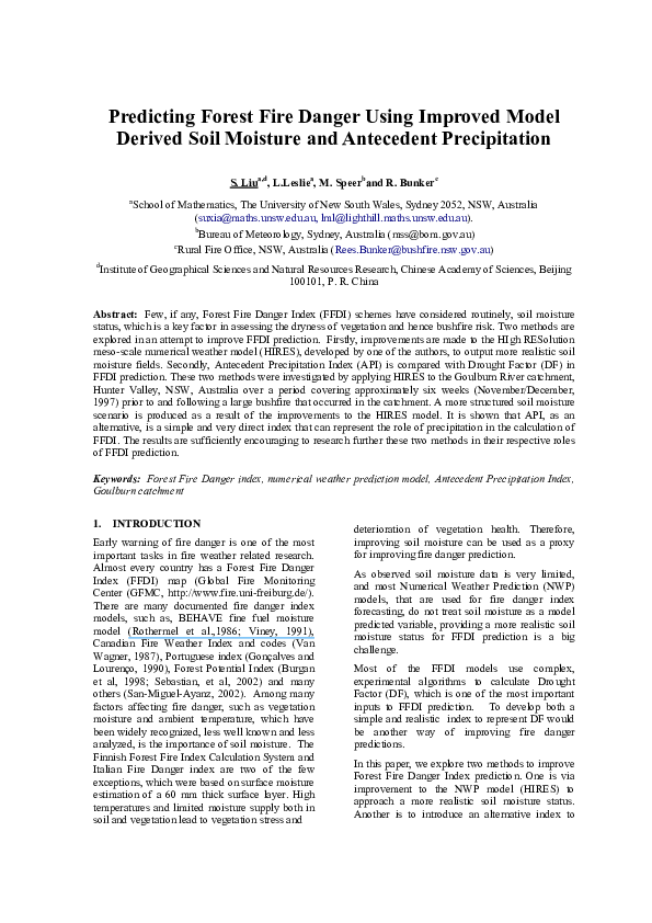 (PDF) Predicting Forest Fire Danger Using Improved Model Derived Soil Moisture and Antecedent ...
