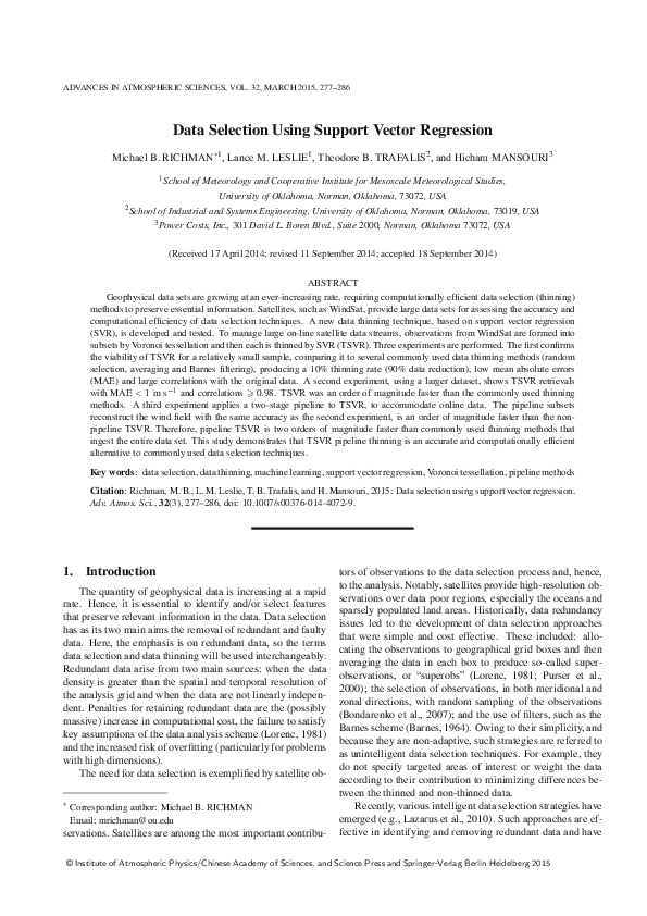 Pdf Data Selection Using Support Vector Regression Michael Richman And Lance M Leslie