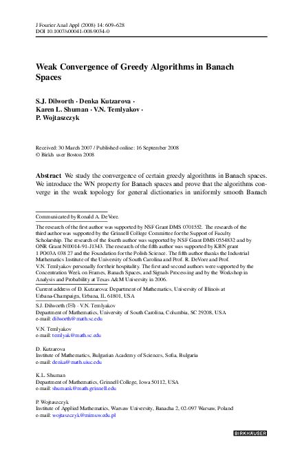 Pdf Weak Convergence Of Greedy Algorithms In Banach Spaces