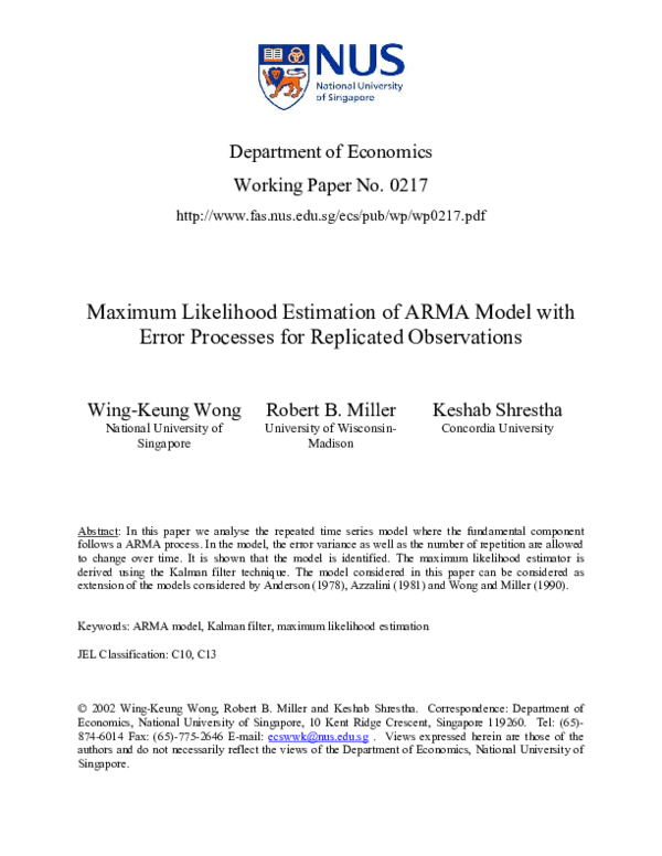Pdf Maximum Likelihood Estimation Of Arma Model With Error Processes