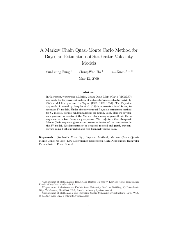 Pdf A Markov Chain Quasi Monte Carlo Method For Bayesian Estimation Of Stochastic Volatility Model