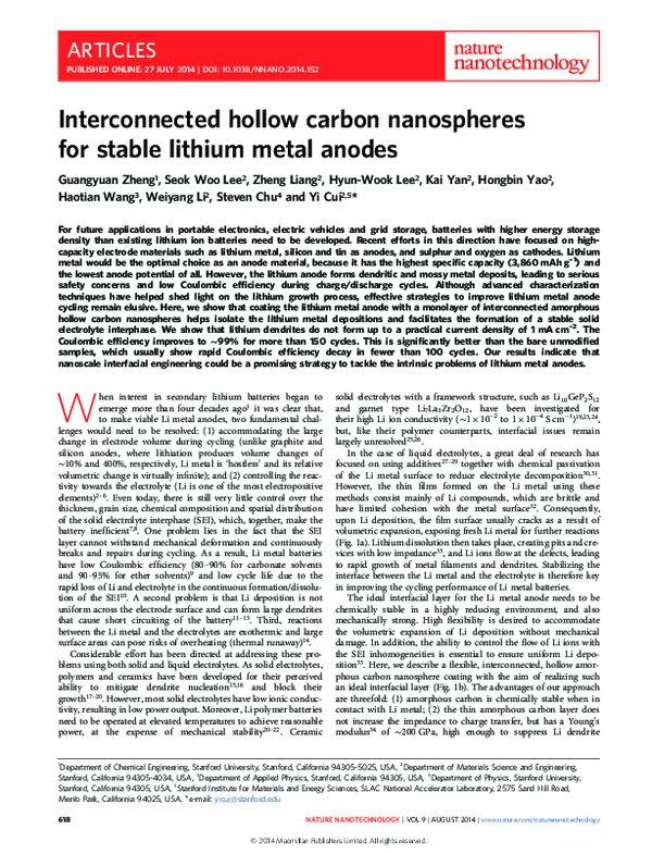 (PDF) Interconnected hollow carbon nanospheres for stable lithium metal ...