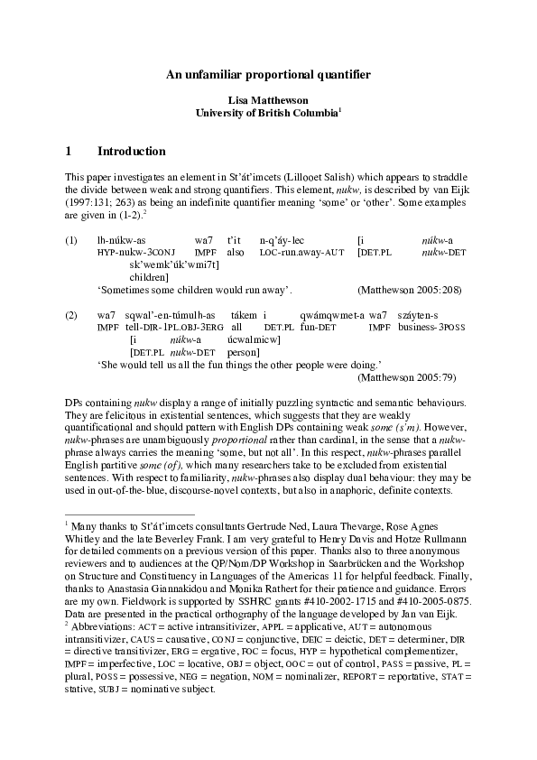 (PDF) An unfamiliar proportional quantifier | Lisa Matthewson ...