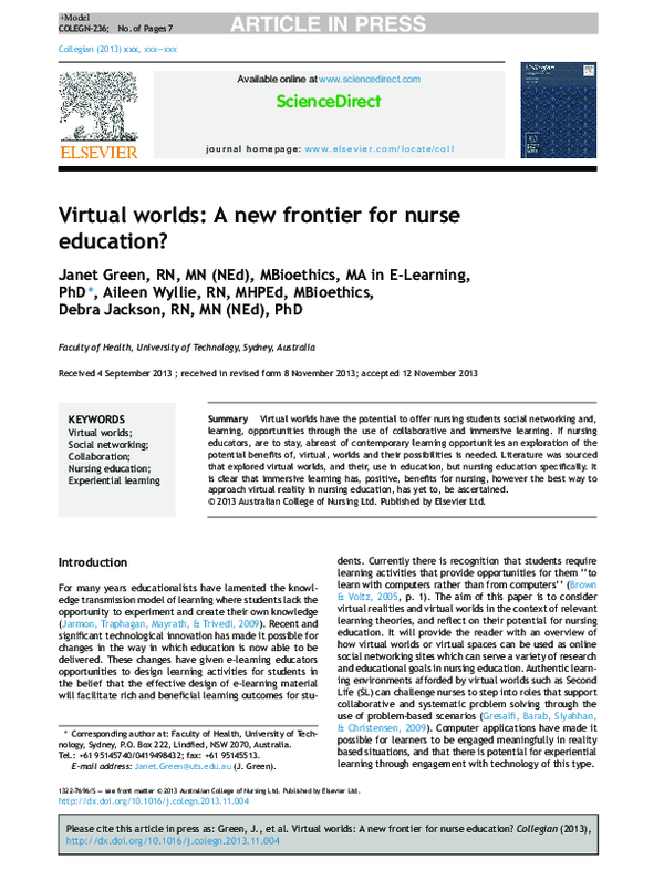 (PDF) Virtual worlds: A new frontier for nurse education?