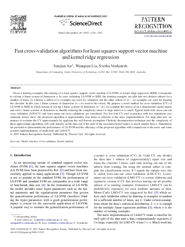 Pdf Fast Cross Validation Algorithms For Least Squares Support Vector