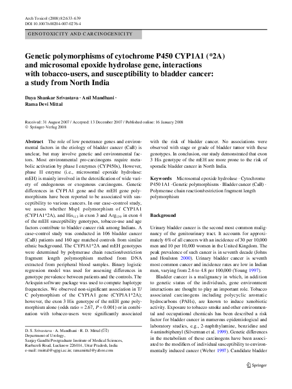(PDF) Genetic polymorphisms of cytochrome P450 CYP1A1 (*2A) and microsomal epoxide hydrolase ...
