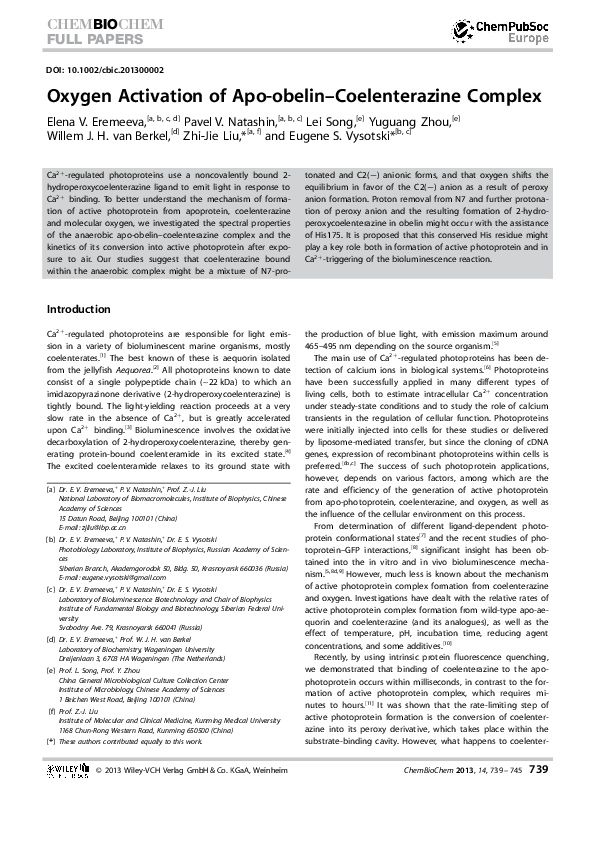 (PDF) Oxygen Activation of Apo-obelin-Coelenterazine Complex