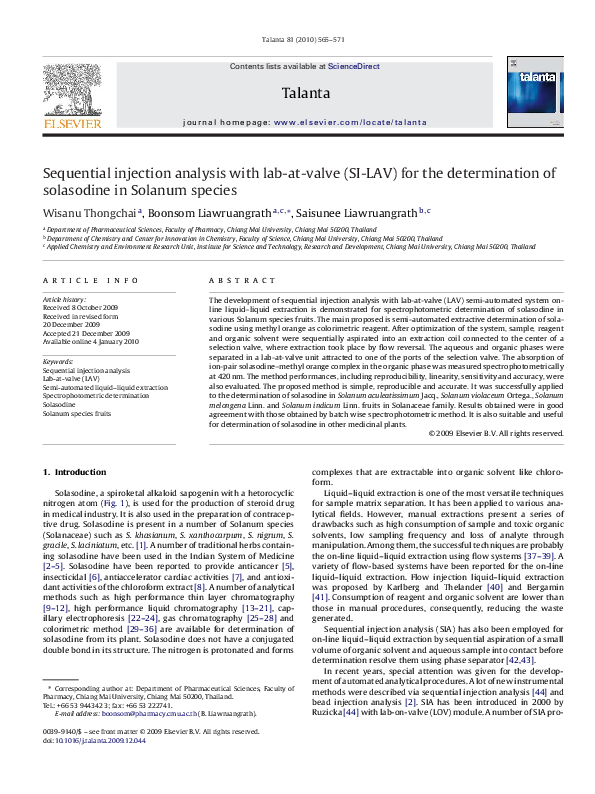 Pdf Sequential Injection Analysis With Lab At Valve Si Lav For The Determination Of