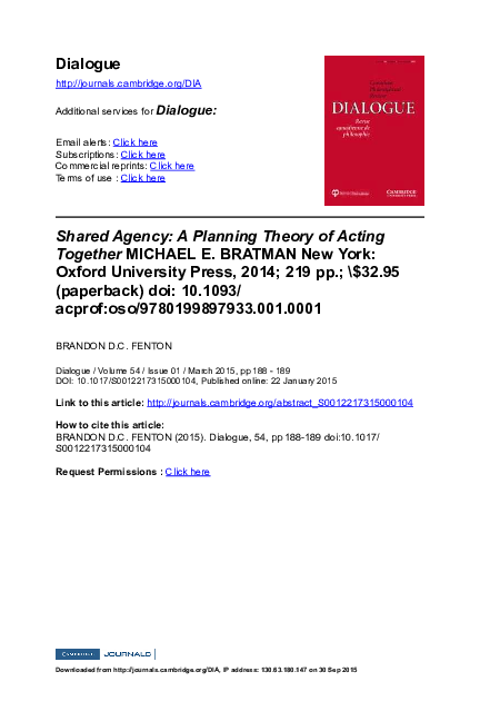 "Shared Agency: A Planning Theory of Acting Together", Michael E ...
