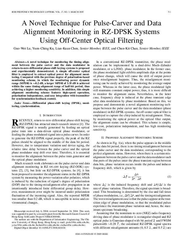 Pdf A Novel Technique For Pulse Carver And Data Alignment Monitoring In Rz Dpsk Systems Using