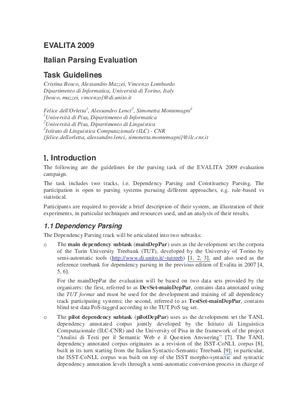 Pdf Evalita 2009 Italian Parsing Evaluation Task Guidelines