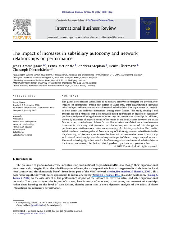 (PDF) The impact of increases in subsidiary autonomy and network relationships on performance