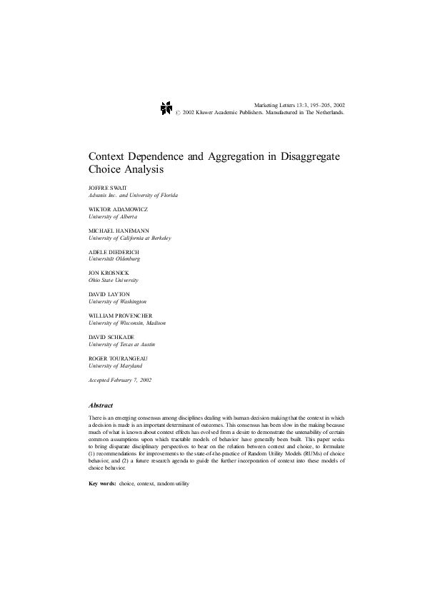 (PDF) Context dependence and aggregation in disaggregate choice analysis