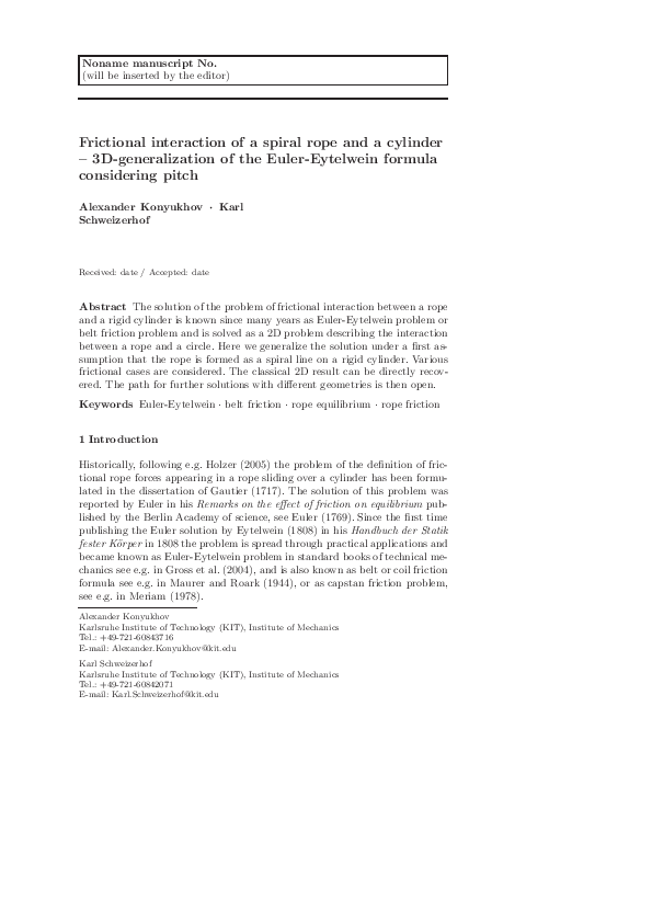(PDF) Frictional Interaction of a Spiral Rope and a Cylinder – 3D-Generalization of the Euler ...