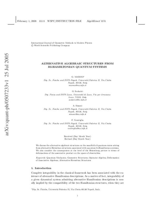 Pdf Alternative Algebraic Structures From Bi Hamiltonian Quantum Systems