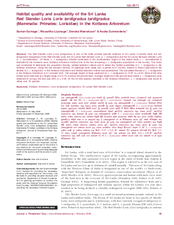 (PDF) Habitat Use by the Red Slender Loris ( Loris tardigradus ...