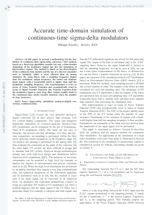Pdf Accurate Time Domain Simulation Of Continuous Time Sigmadelta Modulators