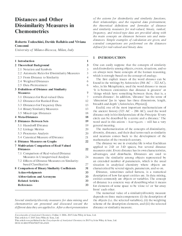 Pdf Distances And Other Dissimilarity Measures In Chemometrics