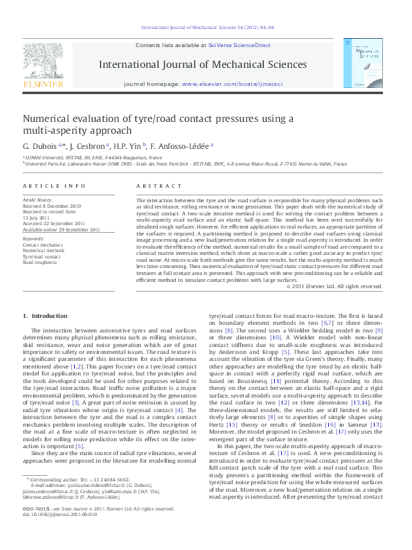 (PDF) Numerical evaluation of tyre/road contact pressures using a multi ...