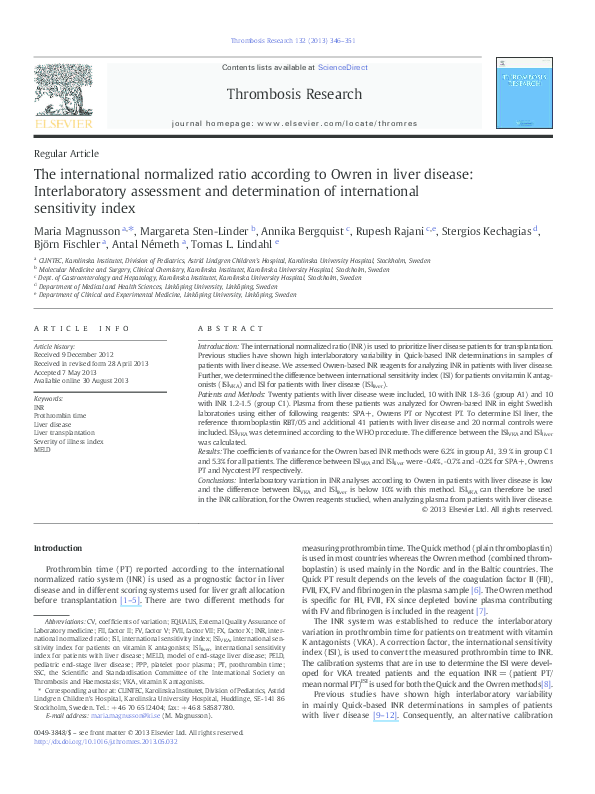 (PDF) The international normalized ratio according to Owren in liver ...