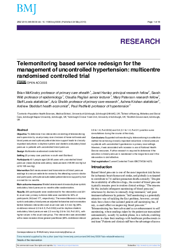 (PDF) Telemonitoring based service redesign for the management of uncontrolled hypertension ...