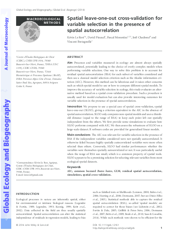 (PDF) Spatial leave-one-out cross-validation for variable selection in the presence of spatial ...