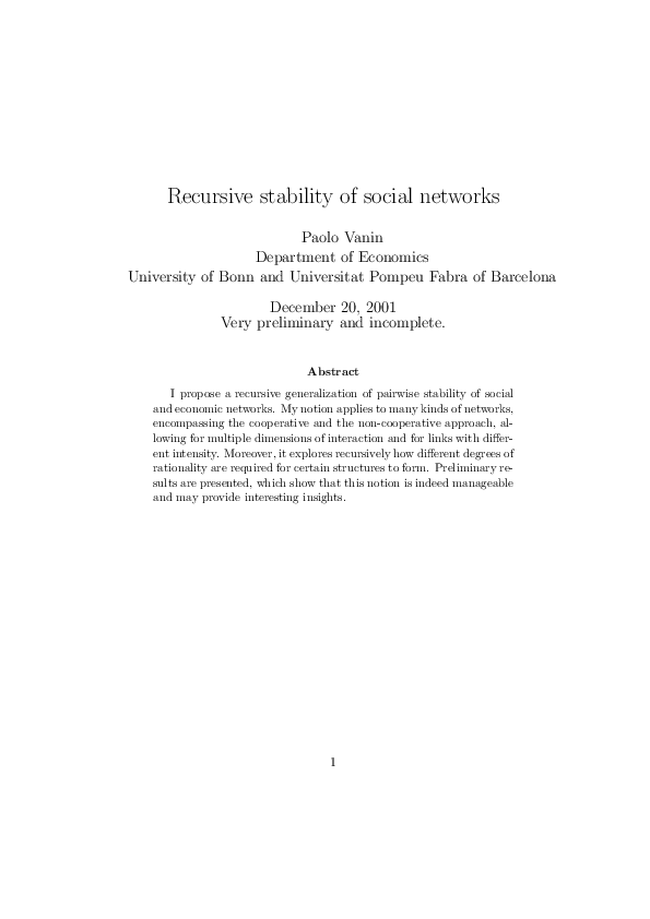 (PDF) Recursive stability of social networks | Paolo Vanin - Academia.edu
