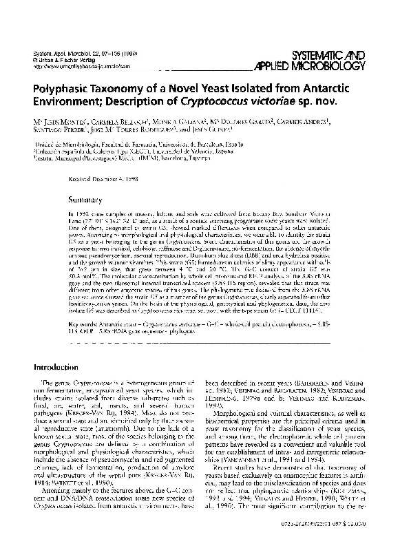 (PDF) Polyphasic Taxonomy of a Novel Yeast Isolated from Antarctic ...