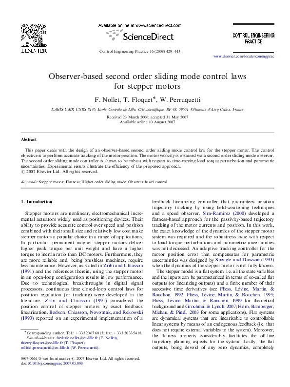Pdf Observer Based Second Order Sliding Mode Control Laws For Stepper