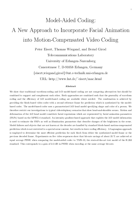 (PDF) Model-Aided Coding: A New Approach to Incorporate Facial Animation into Motion-Compensated ...