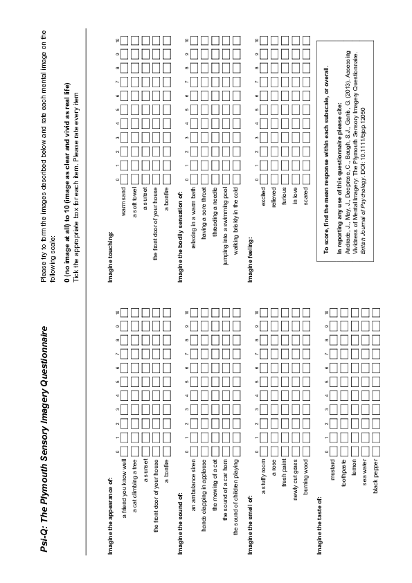 (PDF) Psi-Q : Plymouth Sensory Imagery Questionnaire (A4)