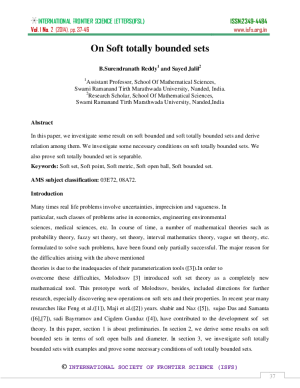 (PDF) On soft totally bounded sets | Surendra Reddy - Academia.edu