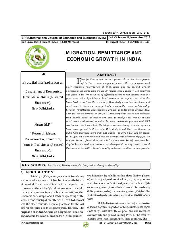 (PDF) Migration, Remittances and Economic Growth in India