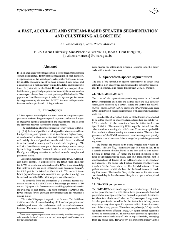 Pdf A Fast Accurate And Stream Based Speaker Segmentation And Clustering Algorithm Jean