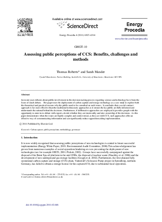 (PDF) Assessing public perceptions of CCS: Benefits, challenges and methods