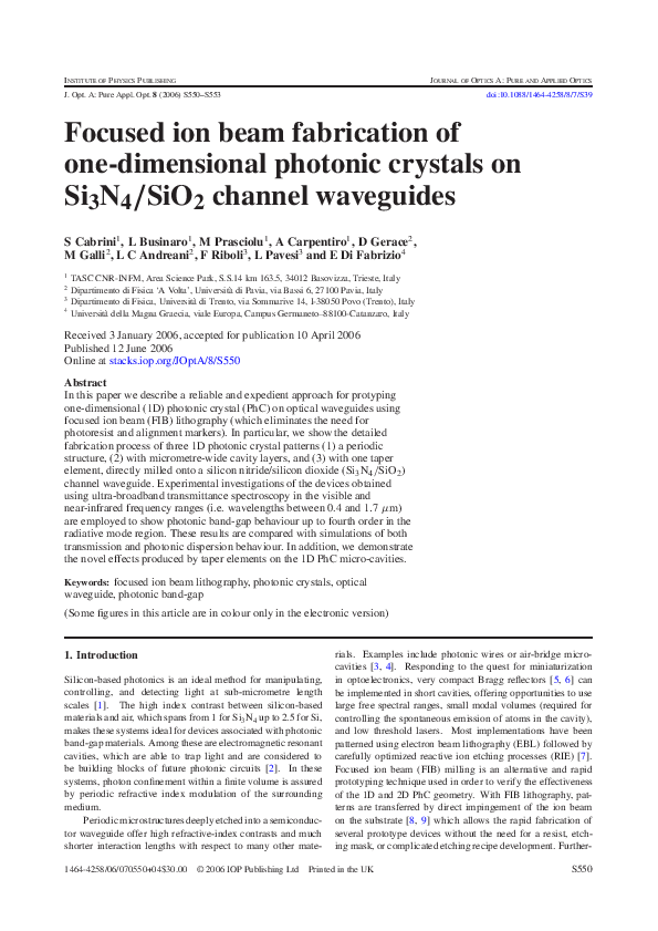 (PDF) Focused ion beam fabrication of one-dimensional photonic crystals on Si 3 N 4 /SiO 2 ...