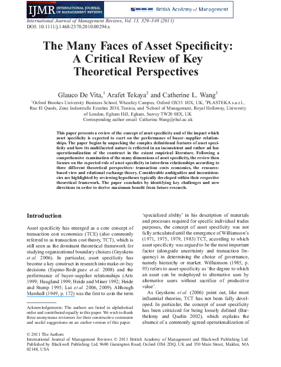 (PDF) The Many Faces of Asset Specificity: A Critical Review of Key ...