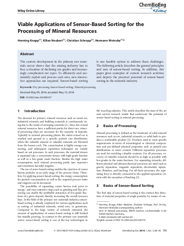 (PDF) Viable Applications of Sensor-Based Sorting for the Processing of Mineral Resources