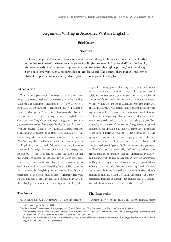 (PDF) Argument Writing in Academic Written English I