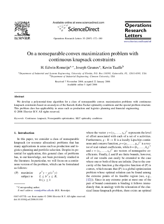 Pdf On A Nonseparable Convex Maximization Problem With Continuous Knapsack Constraints