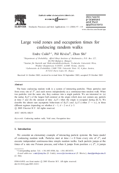 (PDF) Large void zones and occupation times for coalescing random walks